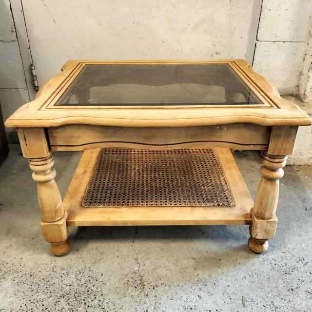 Vintage raw timber glass top coffee table with rattan magazine shelf ...