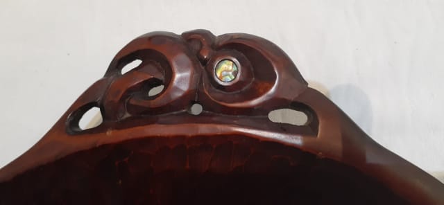 CARVED DARK WOODEN BOWL WITH INTRICATE HANDLE WITH PAUA SHELL INLAY ...
