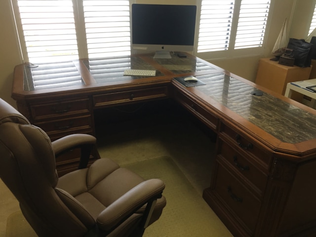 Good condition two piece right angled computer desk with marble insets ...
