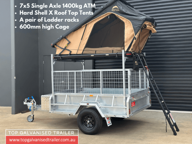 7x5 Single Axle Galvanised Trailer 1.4t ATM+ Rooftop Tent + Ladder Rac ...