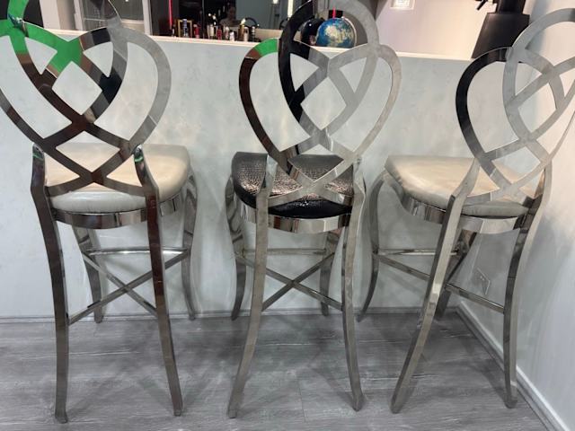 3 Bar chairs silver stainless steel with leather padding. - Stools ...