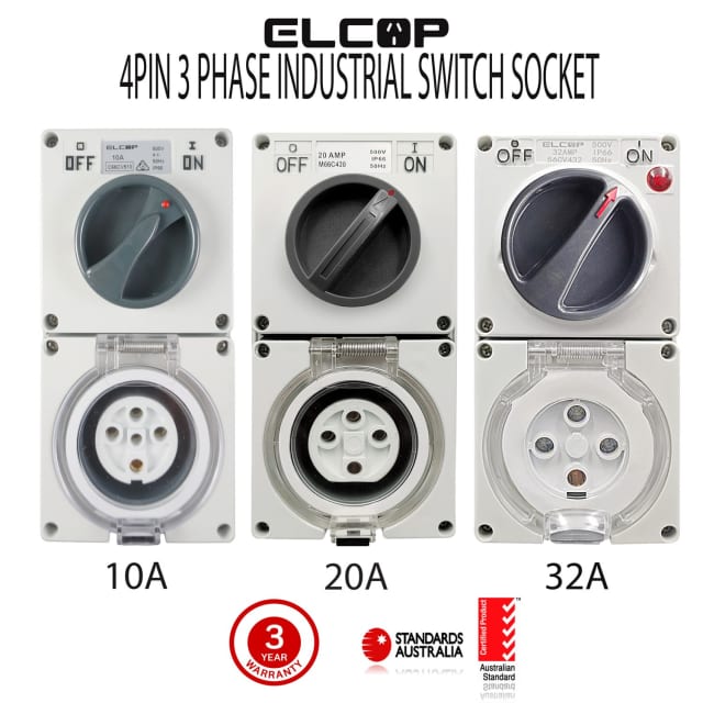 Elcop 4PIN 3 Phase IP66 500V AC Switched Socket Outlets 500V AC ...