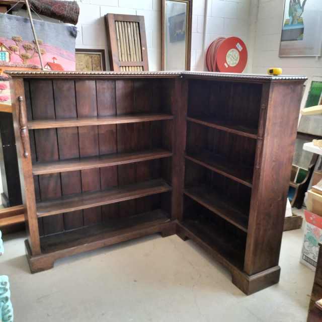 Vintage timber library corner bookcase with carved edge detail ...