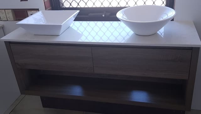 Bathroom vanity 1500 mm (Timber-look with stone benchtop) | Building ...