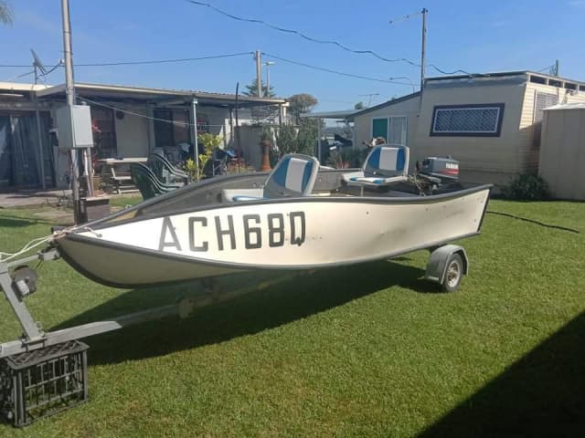 Folding portable boat (porta-bote) with folding trailer 5hp outboard ...