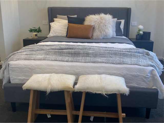 Ex display Wingback Queen Bed Frame, Upholstered grey Bed Headboard ...
