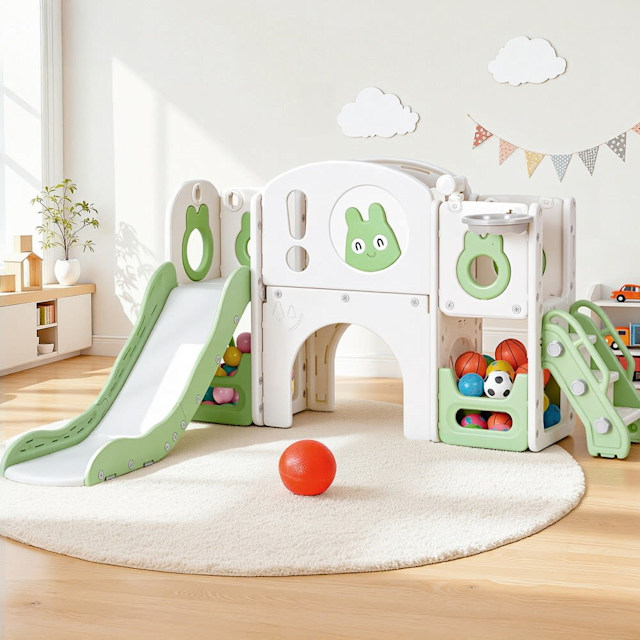 Kids Slide Swing Set Ball Hoop Rings Football Outdoor Toys Green - Toys ...