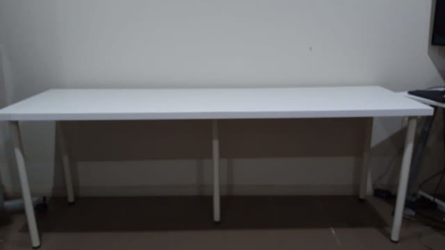 ikea long table, 2-tier shelf and 2 tabletop monitor desks with drawer ...