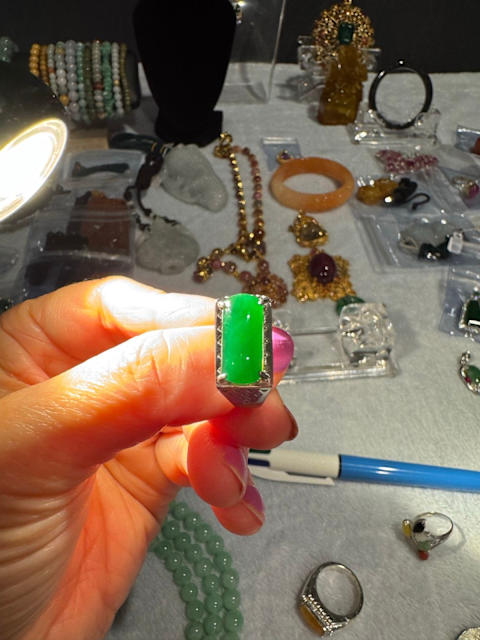 Certified premium natural type A jade imperial green ring silver ...