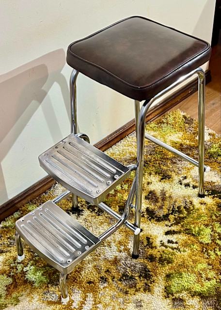 Namco 60s vinyl seat folding step stool ladder on shiny chrome f ...