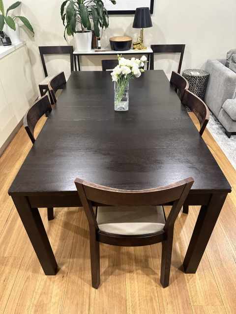 Extendable dark brown wood dining table with 8 chairs - Dining Tables ...