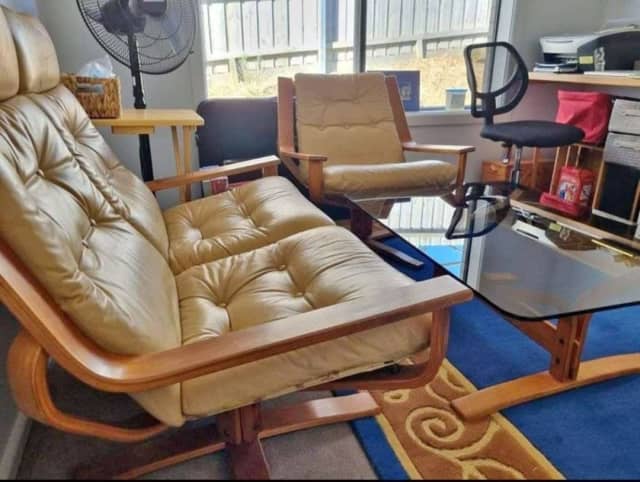 Mid century modern designer leather Joe Rufenacht 2 seater lounge ...