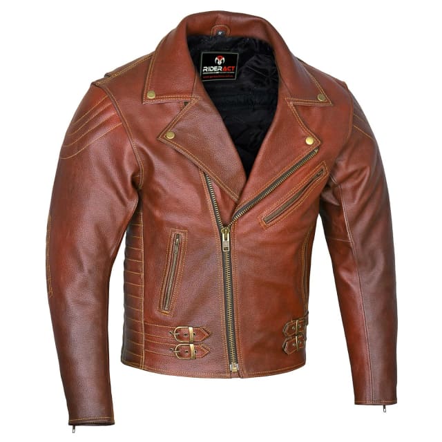 RIDERACT Men Motorbike Leather Jacket Brando Brown With Free CE Armors ...