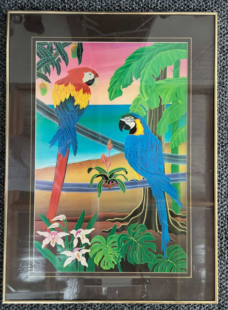 Large Vintage Colourful Jungle Macaw Parrot Glass Frame Poster ...