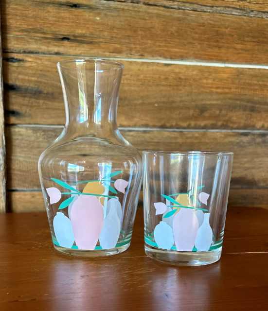 VINTAGE GLASS BEDSIDE CARAFE COLOURFUL FLOWER / VASE DESIGN By ALPAC ...