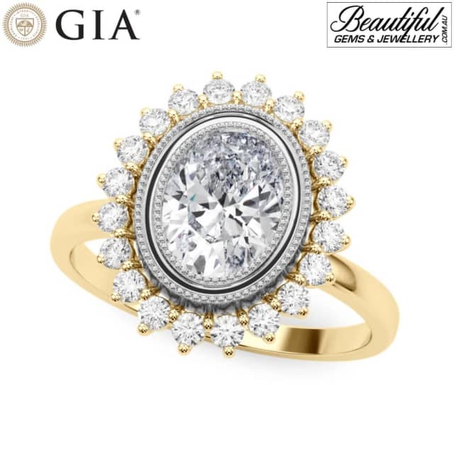 2 Carat Oval Diamond Vintage Ring in 18K Yellow Gold with Halo Setting ...