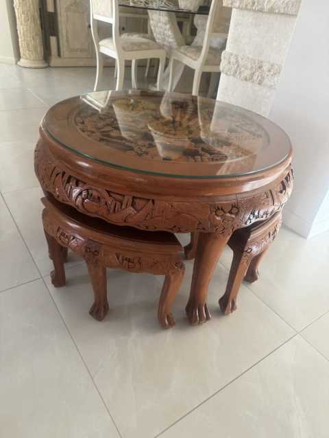 Vintage Chinese Carved Coffee Table with 4 Nesting Stools - Coffee ...