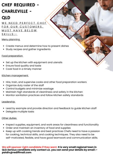 Chef required -Charleville QLD | Chef & Cook | Gumtree Australia ...