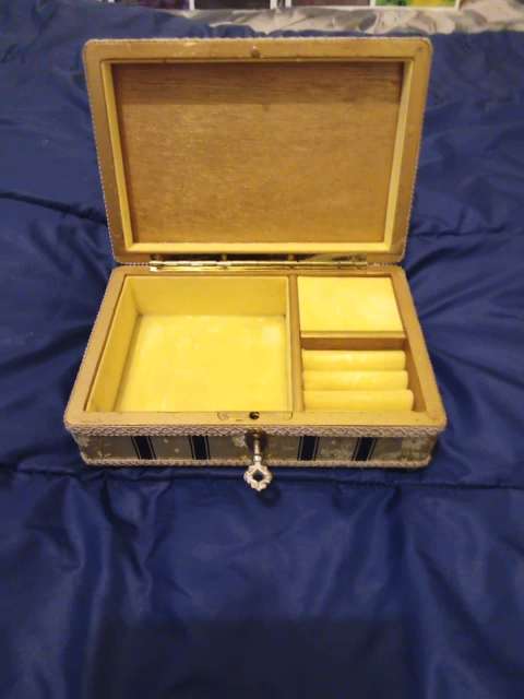 Jewelry box, music box , Fabric Cover over Wood. with a key Gold felt ...