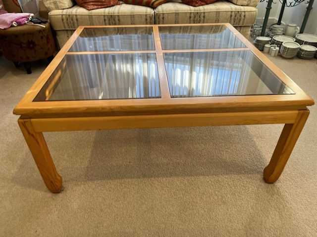 Timber table with smoked glass inserts 1040 square. 2 side tables sep ...