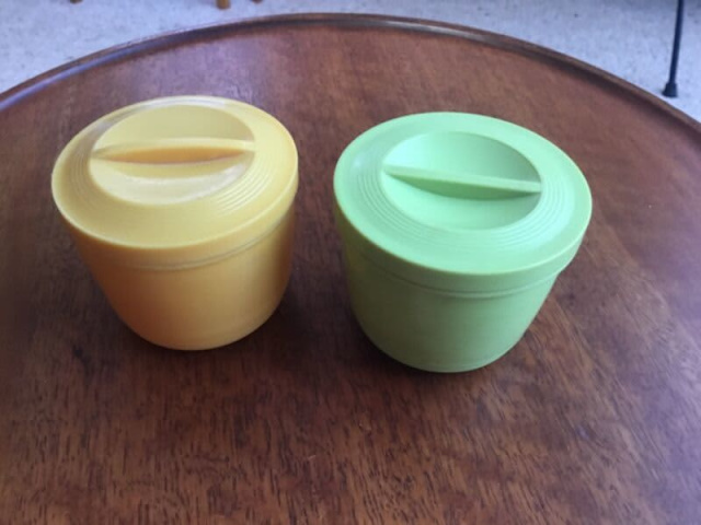 Duperite yellow and green Bakelite small canisters with lid ...