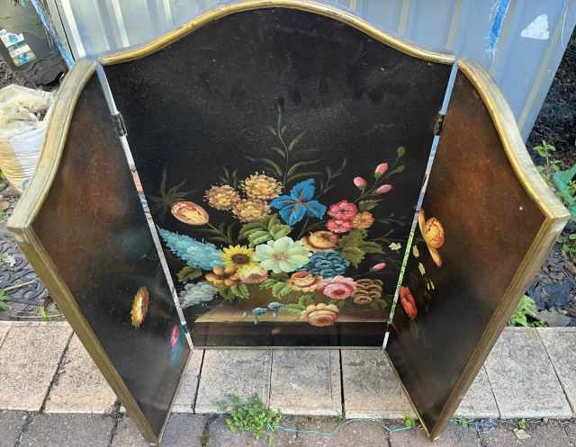 VINTAGE Beautiful Wood Fireplace Screen Hand Painted Floral 3 Panel ...