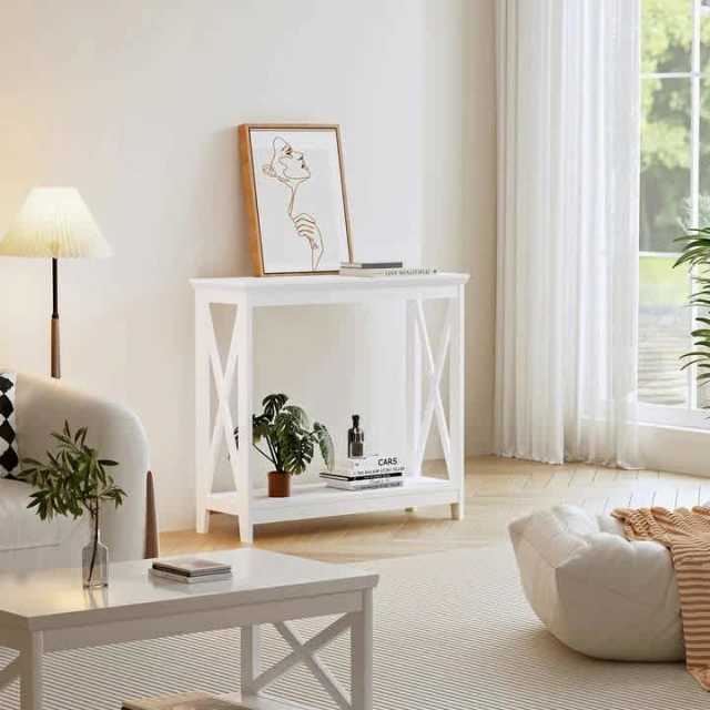 2-Tier Console Table X-Design Wood Sofa Table Hall Side Entry White ...