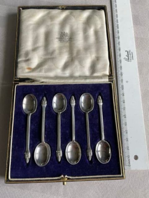 Set of 6 antique EPNS silver coffee spoons, original presentation box ...