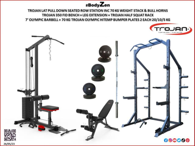 Lat Pull Down Seated Row 70 Kg Stack & Bull Horns Bench Half S/Rack ...