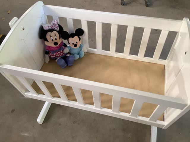 swinging baby crib on lockable castors, made by Sunbury Nursery Furnat ...