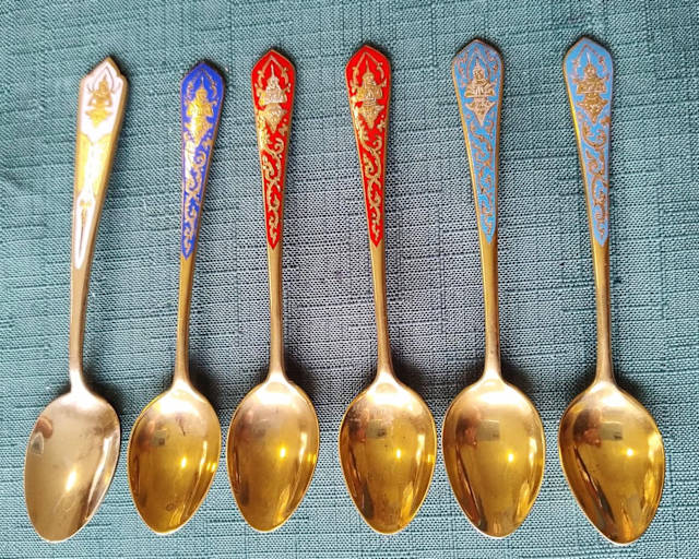 Vintage 6 Thailand Gilt Tea Spoons Enamel Design Stems $15 lot ...