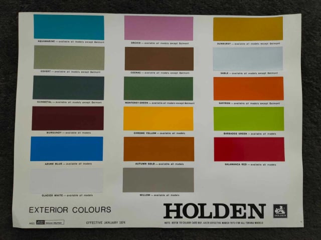 January 1974 Holden HQ Kingswood Monaro Premier - Colour card chart ...