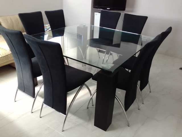CLASSY GLASS TABLE + 8 ELEGANT, BLACK-FABRIC-COVERED, HIGH-BACK CHAIRS ...