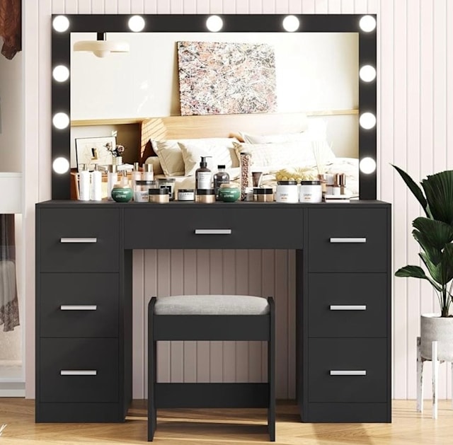 Irontar Vanity Desk with Stool, Makeup Table with Lighted Mirror, 3 Co ...