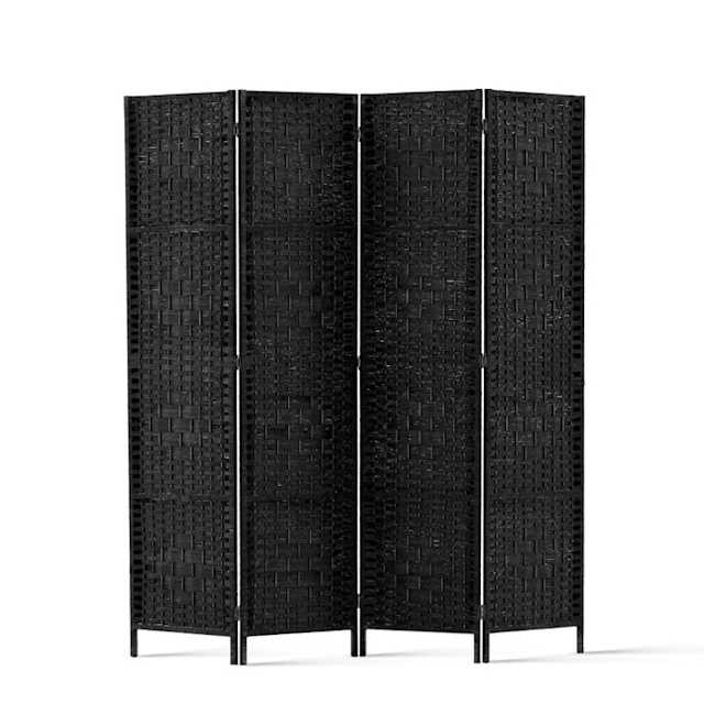 Room Divider, 4Panel Privacy Screen, Rattan Woven Wood, Black - Other ...
