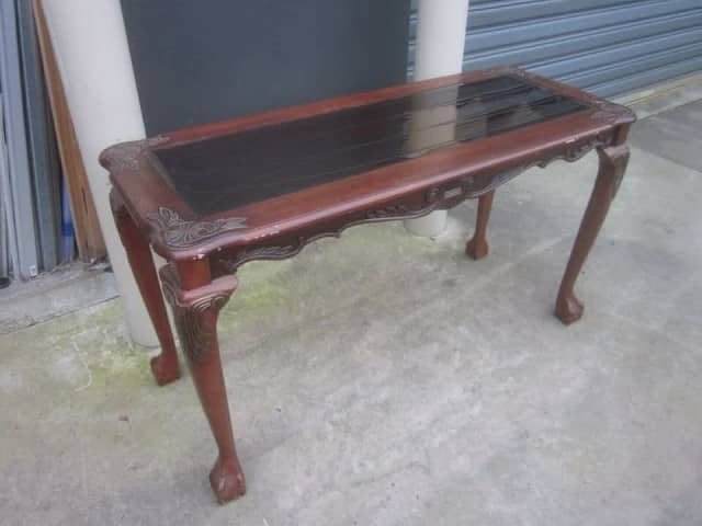 HAND CARVED CLAW FEET SIDE HALL TABLE WITH ETCHED GLASS INSERT ...