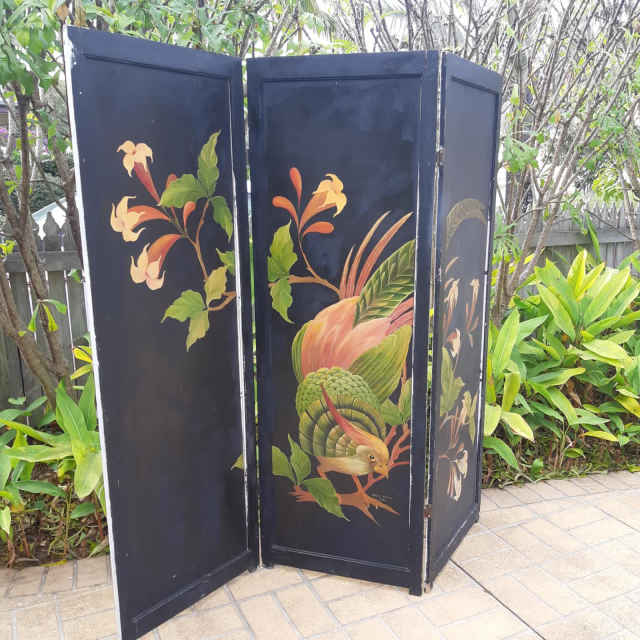 Vintage 3 Panel Timber Privacy Screen Room Divider Floral Bird Artwork ...