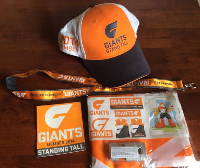 GWS AFL Giants cap, flag/poncho, lanyard, face paint and stickers ...