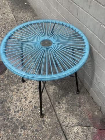 Blue PVC string black wrought iron coffee patio table glass top ...