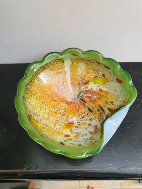 Murano art glass large colourful shell bowl with aventurine flecks ...