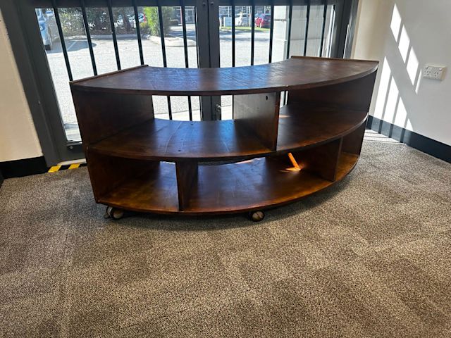 Curved Wooden Display Shelf on Wheels – Multi-Tier Storage - Bookcases ...