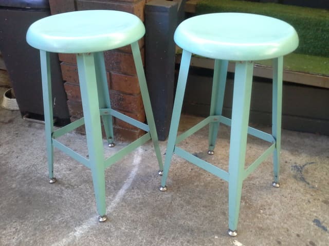 TWO EGG-SHELL BLUE COLOUR METAL KITCHEN/BAR STOOLS VIC 3941/3915 ...
