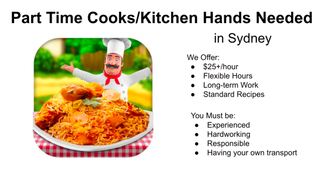 Part-time Cook/Kitchen Hand Needed ($25/hr or more) | Chef & Cook ...