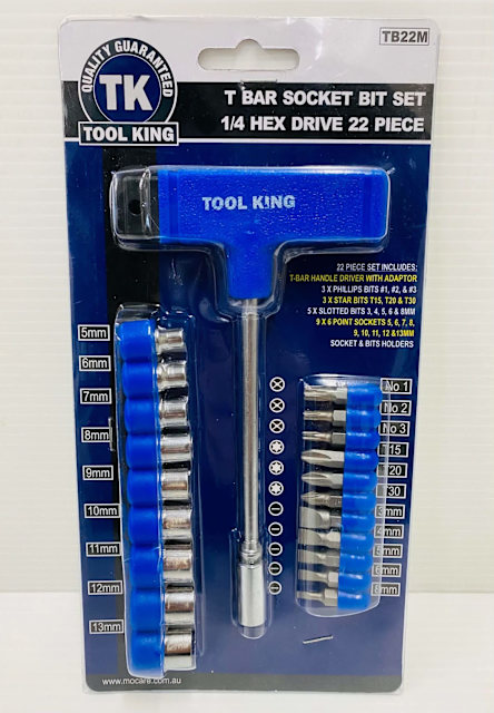 TOOL KING - TB22M - T BAR SOCKET BIT SET, 1/4 HEX DRIVE 22 PIECE - Hand ...