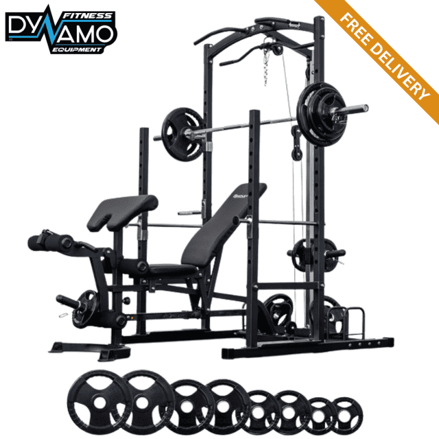 Power Rack with Lat Pulldown, Adjustable Bench 120kg Olympic Barbell ...