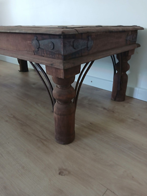 Coffee table old vintage retro SOLID WOOD TABLE WITH METAL STUDS & INL ...