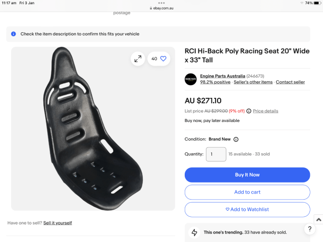Drag Race car seat hi back RCI | Other Parts & Accessories | Gumtree ...