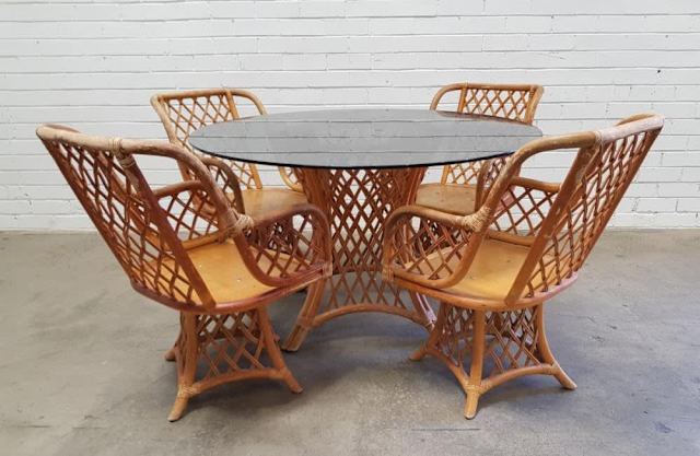Vintage Cane Dining Set with Glass Tabletop and Four Swivel Chairs ...