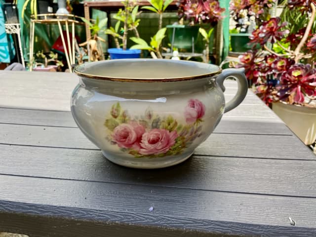 Vintage English Staffordshire Pottery CHAMBER POT Planter Pink Flowers ...