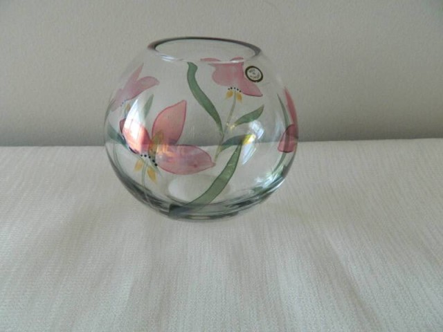 Vase Clear Glass Small Round Shape Hand Painted Flowers Made Hungary ...